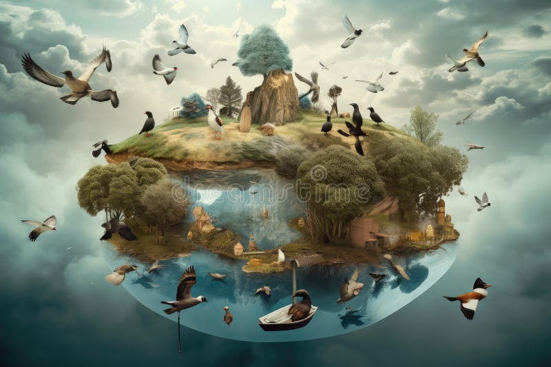 A Surreal Float Landscape with Floating Islands, Swarms of Birds and ... A Surreal Float Landscape with Floating Islands, Swarms of Birds and ...