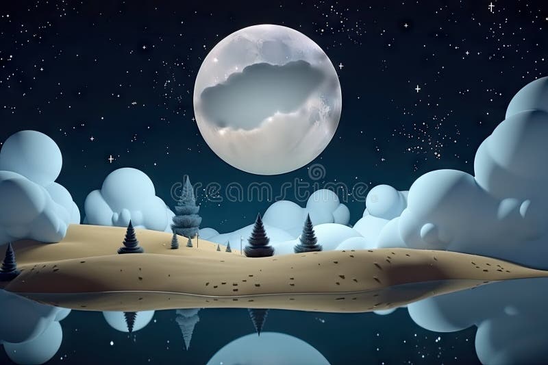 Surreal Float Landscape with Hovering Translucent Moon and Stars in the ...
