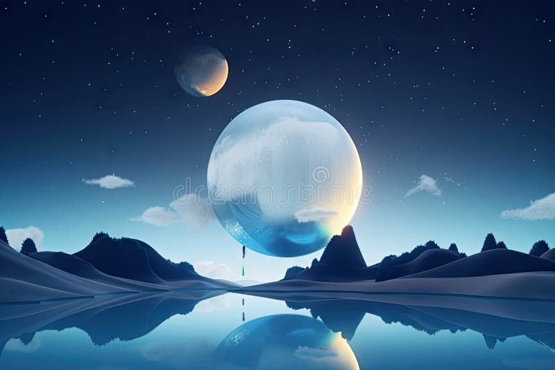 Surreal Float Landscape with Hovering Translucent Moon and Stars in the ...