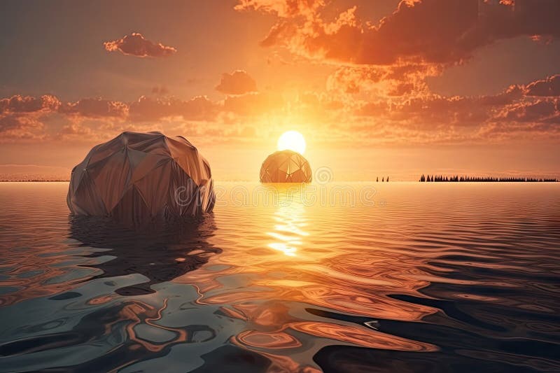 Surreal Float Landscape with the Sun Setting, Casting Warm and ...