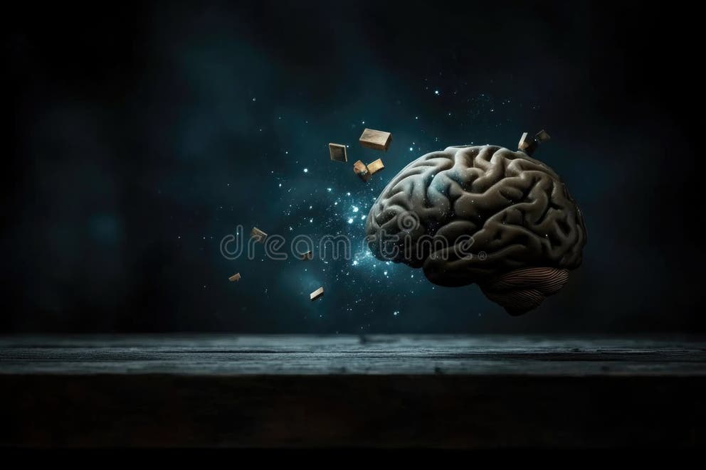 Surreal Floating Brain with Exploding Particles on Dark Background ...