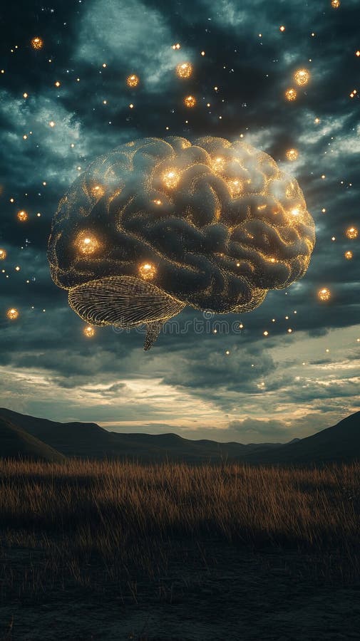 Surreal Floating Brain Illuminated in a Mystical Evening Sky Scene ...