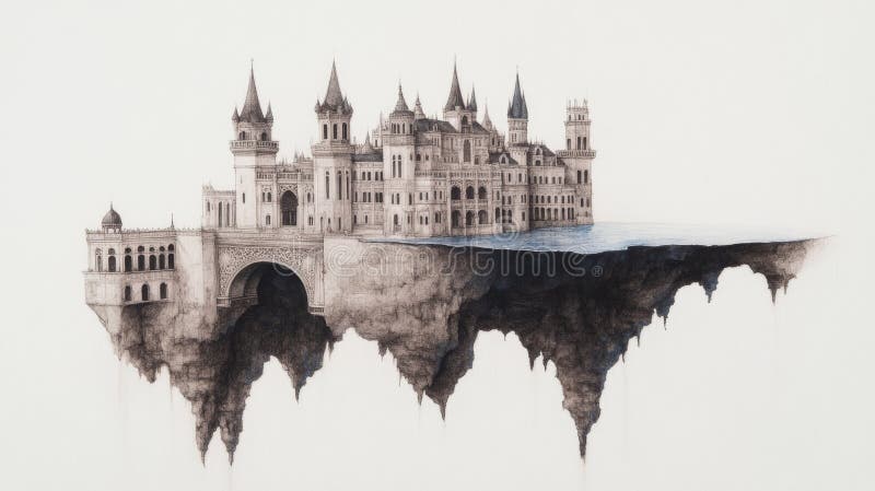 Surreal Floating Castle Above Abyss with Mysterious Gothic Architecture ...