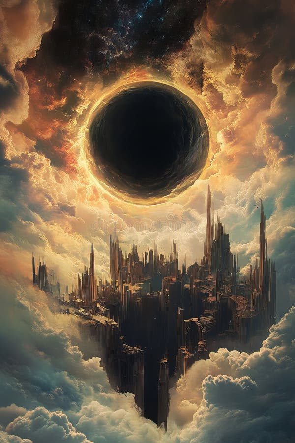 Surreal Floating City Beneath a Cosmic Eclipse with Dramatic Clouds ...