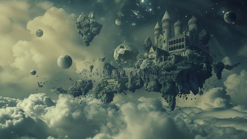 Surreal Floating Cloud Castle in Spacesolarpunk Style Stock ...