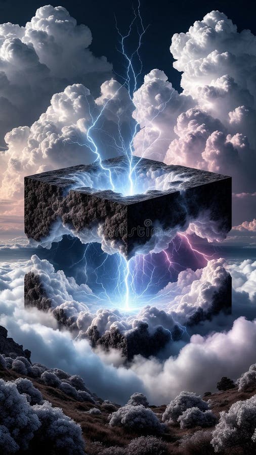 Surreal Floating Cube with Lightning on the Background of a Dramatic ...