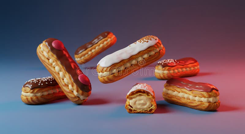 Surreal Floating Eclairs: Chocolate, White Icing, and Raspberry ...