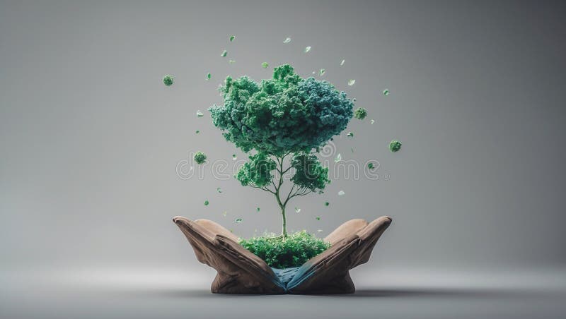 Surreal Floating Green Tree in Hands Symbolizing Growth Stock ...