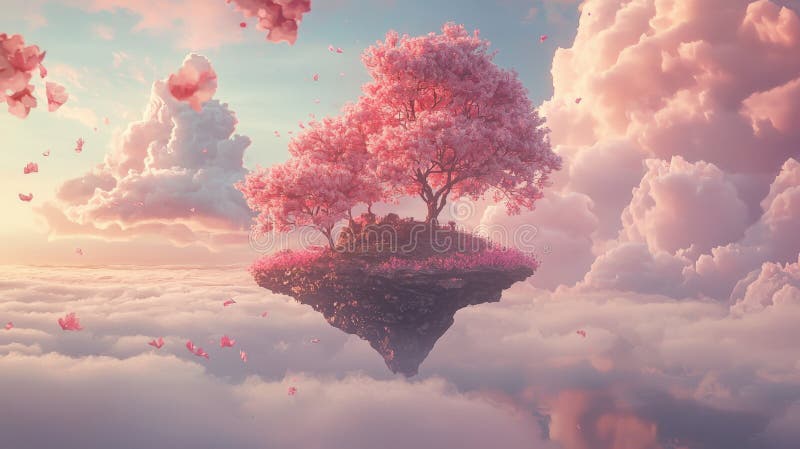 Surreal Floating Island with Cherry Blossom Trees in the Clouds Stock ...