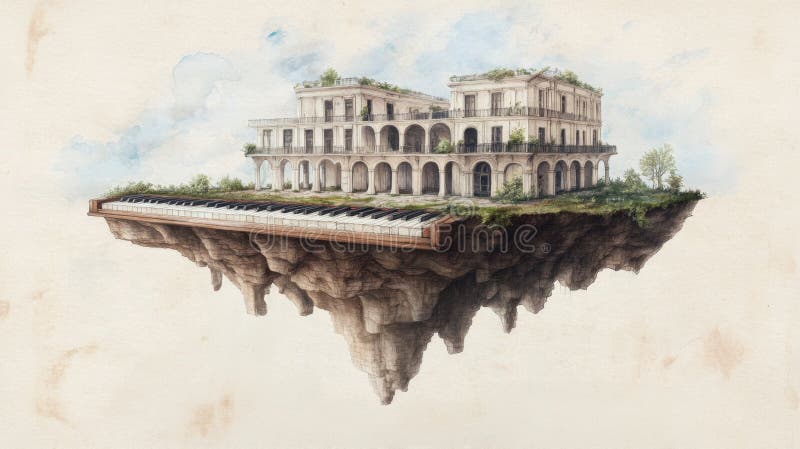 Surreal Floating Island with Classical Architecture and Piano Elements ...