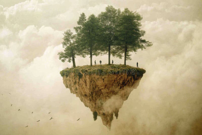 Surreal Floating Island with Trees and Figures in Minimalistic ...