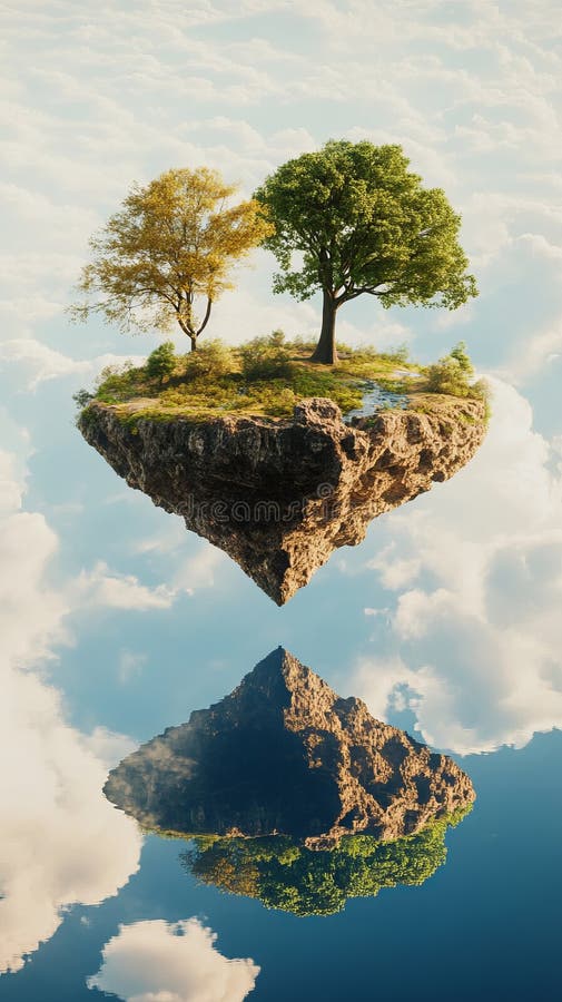 Surreal Floating Island with Trees Reflecting in Sky Stock Illustration ...