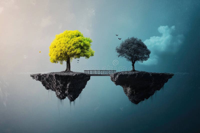 Surreal Floating Islands with Contrasting Trees Connected by Bridge ...