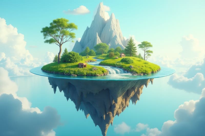 Surreal Floating Landscape, Escape To a Dream Stock Illustration ...