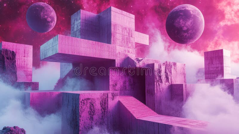 Surreal Floating Pink Brutalist Structures in a Cosmic Landscape with ...
