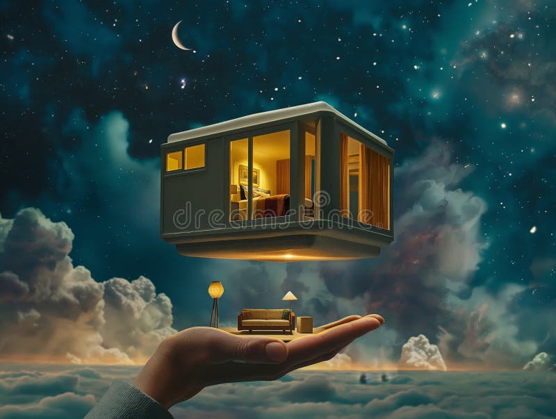 Surreal Floating Room in Starry Night Sky Stock Photo - Image of serene ...