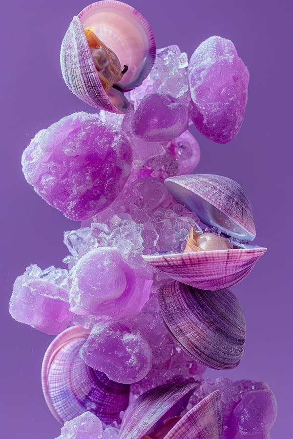 Surreal Floating Shell Composition with Purple Crystals and Ice on ...