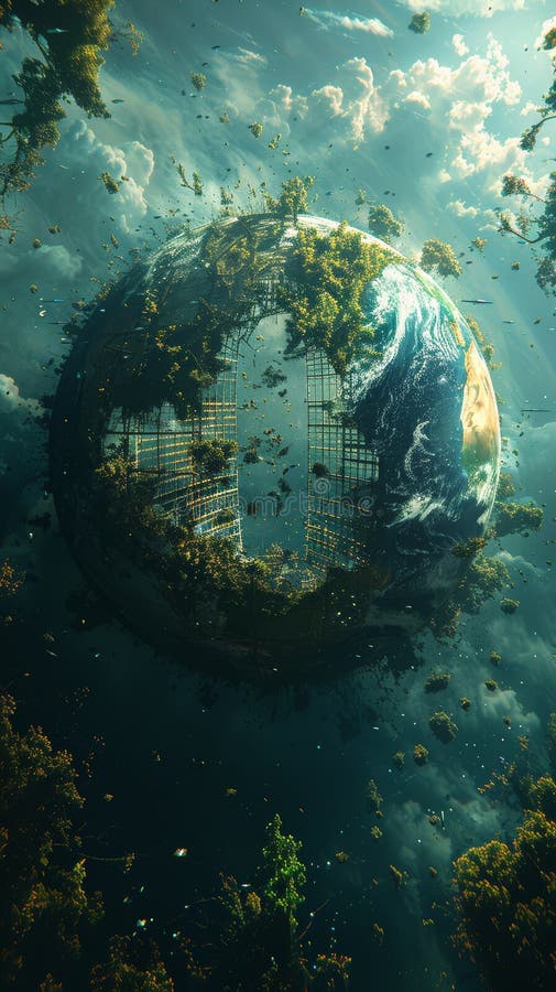 Surreal Floating Sphere with Earth Elements and Lush Vegetation in a ...