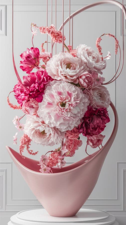 Surreal Floral Arrangement in Pink Cup with Blossoming Peonies and ...