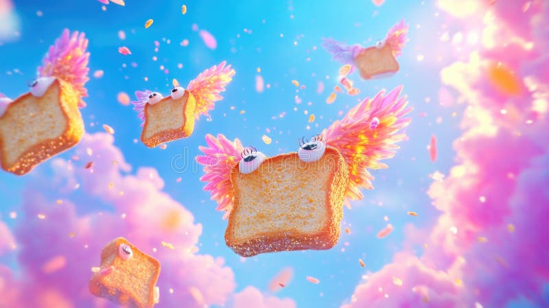 Surreal Flying Bread with Eyelashes and Wings in a Whimsical Sky Stock ...