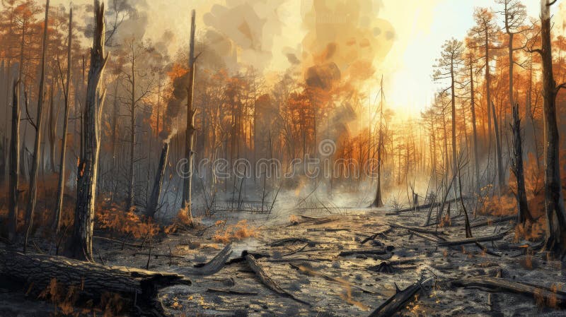 Surreal Forest Aftermath of Wildfire, Smoldering Ground and Mist. the ...