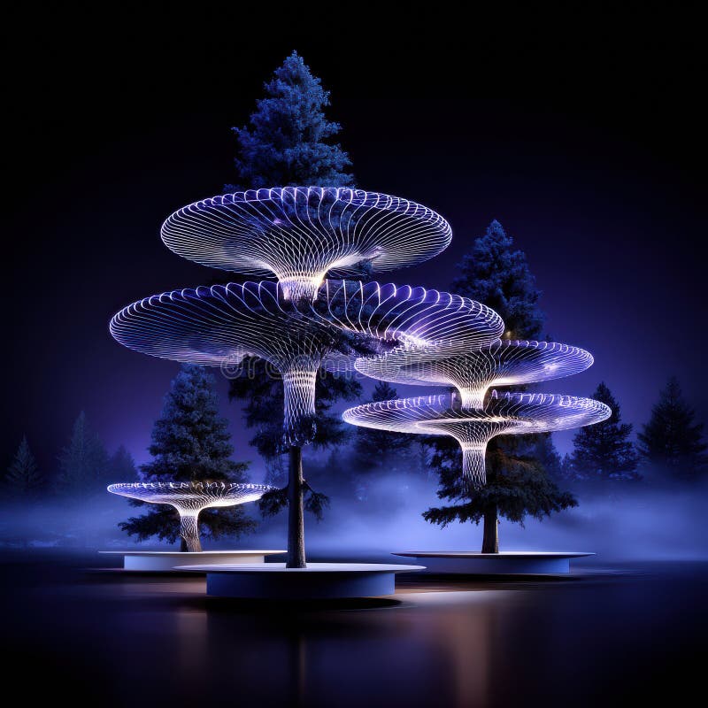 Surreal Forest of Levitating Torus-Shaped Tree Structures with Glowing ...