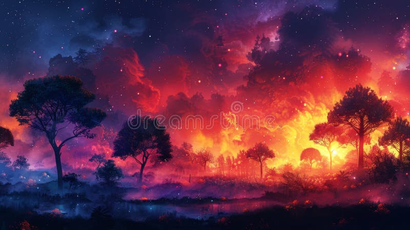 Surreal Forest Fire Under Starry Night Sky Stock Photo - Image of ...