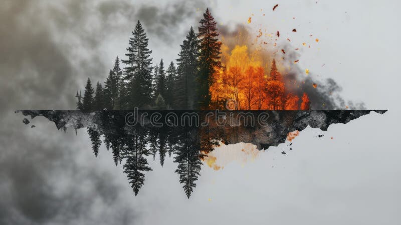 Surreal Forest Landscape with Fire and Destruction Contrast Stock Photo ...