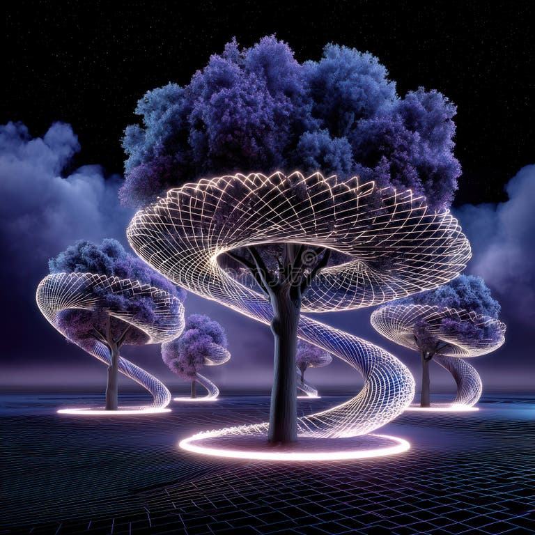 Surreal Forest of Levitating Torus-Shaped Tree Structures with Glowing ...