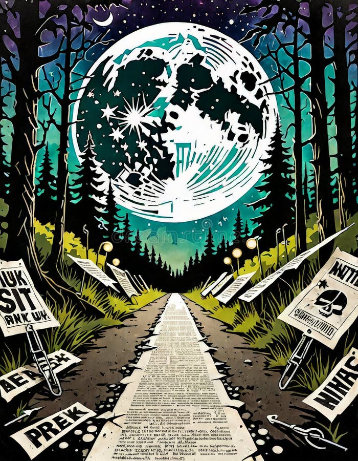 Surreal Forest Path with Glowing Moon and Signs Stock Image - Image of ...