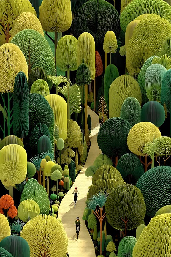 A Surreal Forest Scene with a Curving Path Meandering through an Array ...