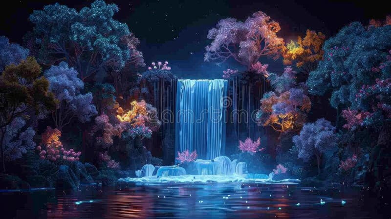 A Surreal Forest Scene with Glowing Trees and a Cascading Waterfall ...