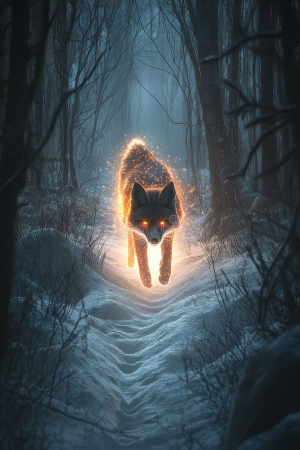 Surreal Fox with Glowing Effects in a Dark Forest Stock Illustration ...