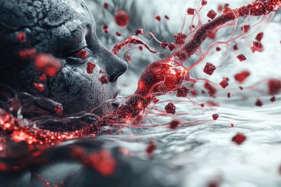 Surreal Fusion of Human Form with Abstract Red Elemental Network Stock ...