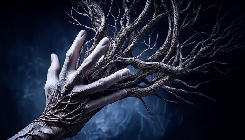 Surreal Fusion of Human Hand and Tree Branches in Dark Fantasy Style ...
