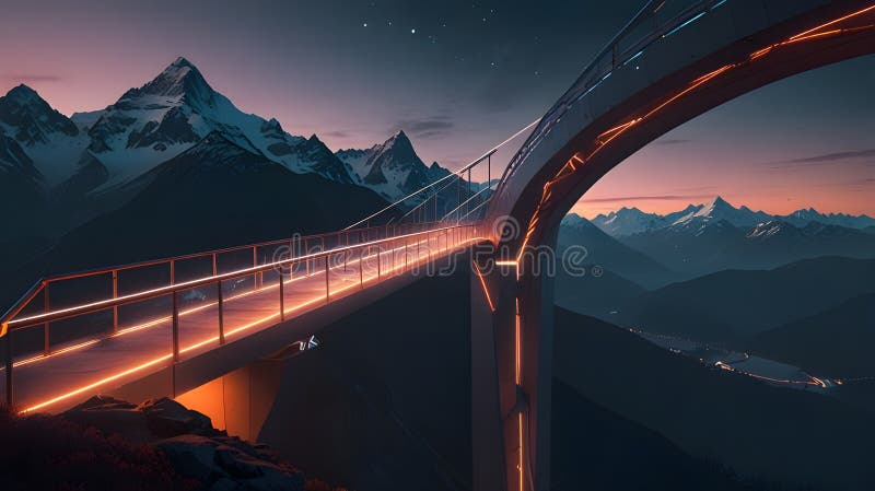 A Surreal Futuristic Bridge Connecting Two Distant Mountain Peaks with ...