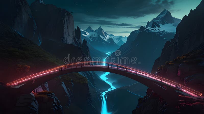 A Surreal Futuristic Bridge Connecting Two Distant Mountain Peaks with ...