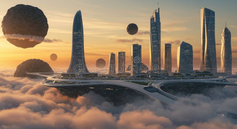 Surreal Futuristic Cityscape Floating among Clouds Background. Stock ...