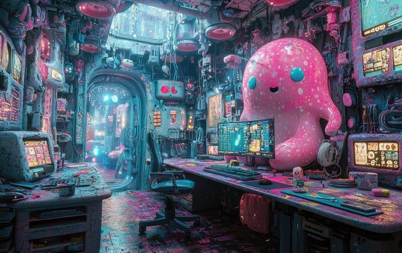 Surreal and Futuristic Gaming Room with a Cute Pink Creature Using a ...