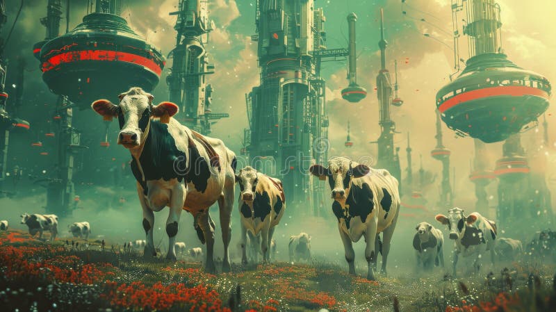 Surreal Futuristic Scene of Cows Abducted by Aliens on a Planet with ...