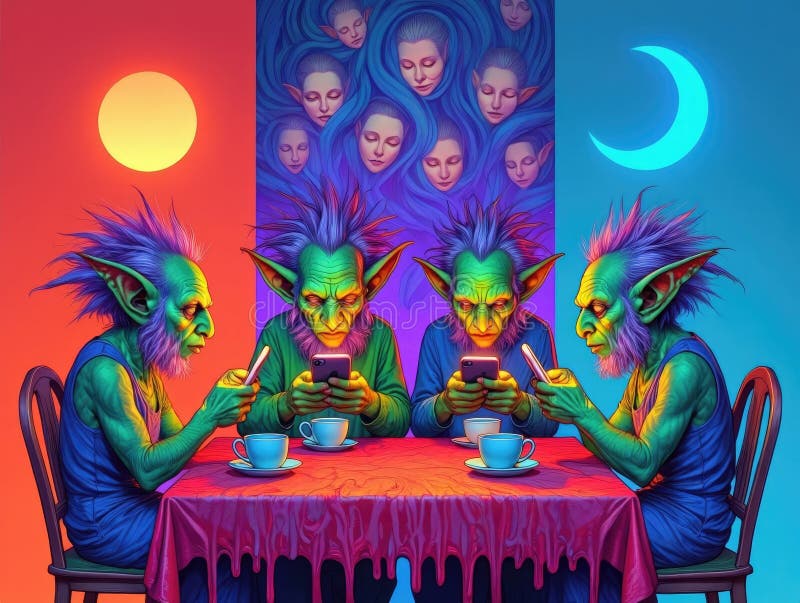Surreal Gathering of Mythical Beings Engaged in Digital Distraction in ...