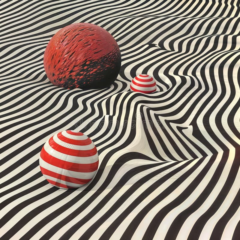 Surreal Geometric Composition with Red Spheres on a Black and White ...