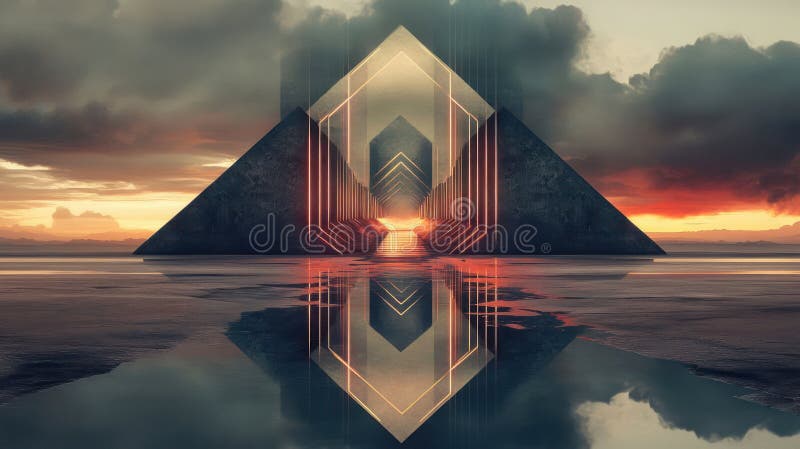 A Surreal Geometric Landscape Featuring a Pyramid and Reflective Water ...