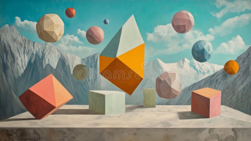 Surreal Geometric Shapes Floating Above Mountains Stock Illustration ...