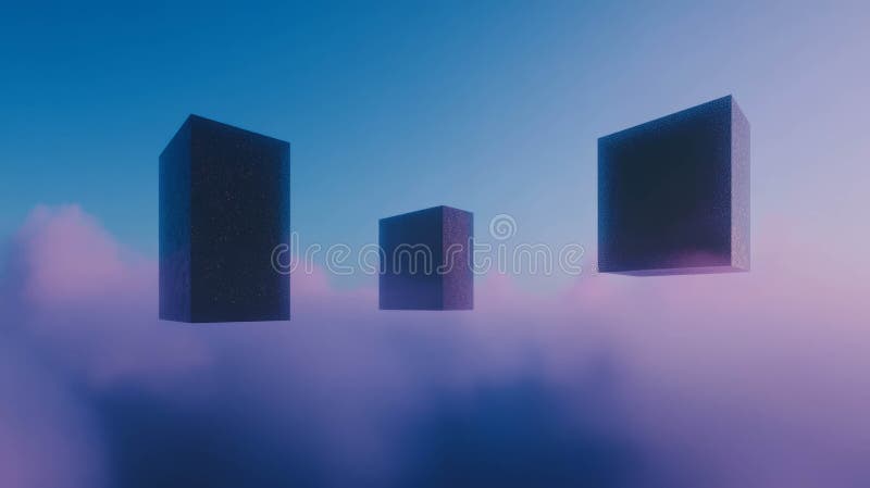 Surreal Geometric Shapes Floating Amidst Soft Pastel Sky and Clouds ...