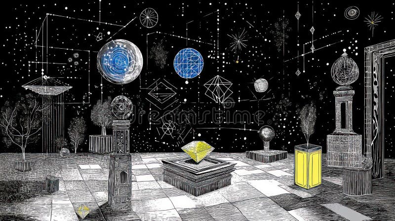 A Surreal, Geometric Space Featuring Celestial Spheres and Abstract ...