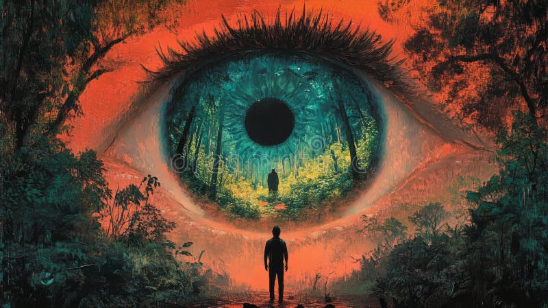 Surreal Giant Eye with Forest and Silhouette of Man Stock Photo - Image ...