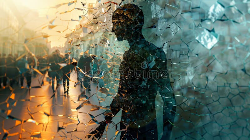 Surreal Glass Figure Made of Shards, Each Reflecting Unique Scenes of ...