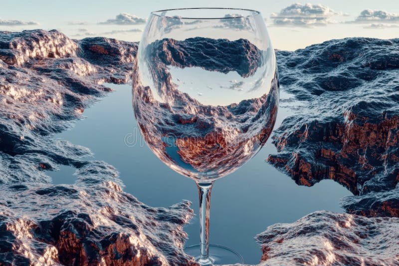 Surreal Glass Reflection in Rocky Landscape with Water and Sky Stock ...