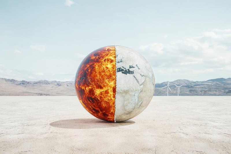 Surreal Globe Split between Fire and Ice Landscapes Stock Illustration ...